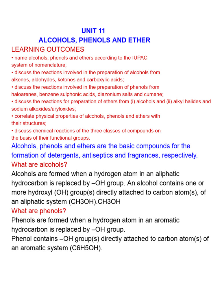 Unit 11 - Alcohols, Phenols and Ethers | PDF | Ether | Aldehyde