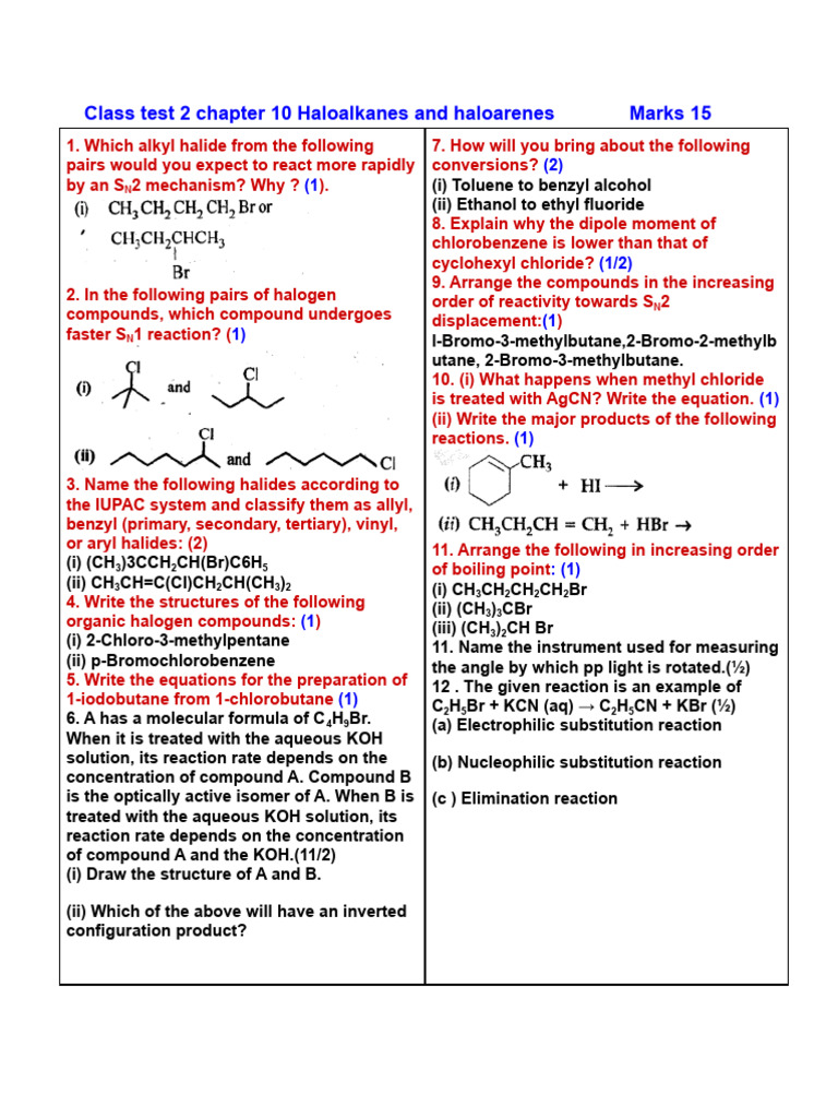 Class Test 1 Chapter 10 Haloalkanes and Haloarenes | PDF | Methyl Group ...