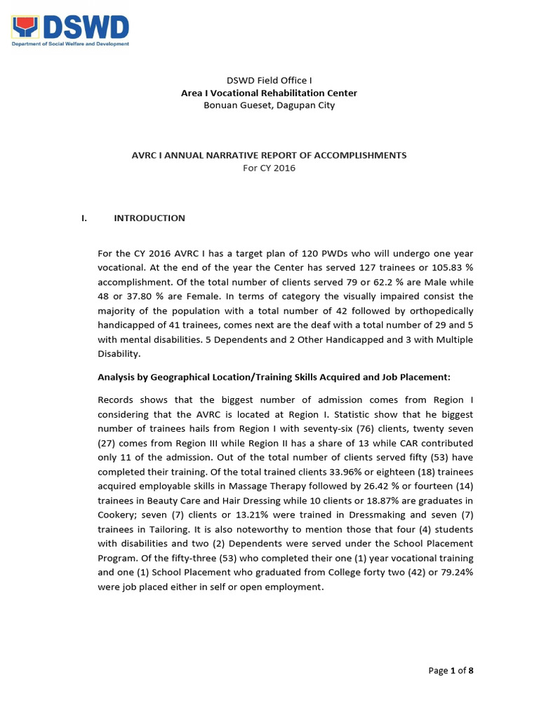 AVRC I Annual Narrative REport o Accomplishment CY 2016 | PDF ...