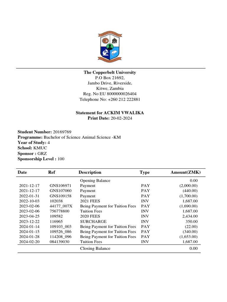 ACKIM VWALIKAstatement | PDF | Fee | Payments