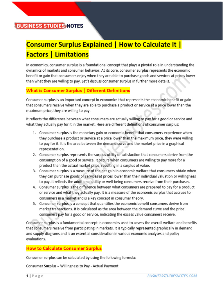 Consumer Surplus Explained How To Calculate It Factors Limitations | PDF