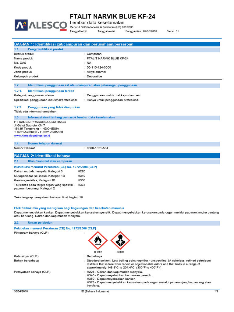 MSDS Kansai Ftalit Narvik Blue | PDF