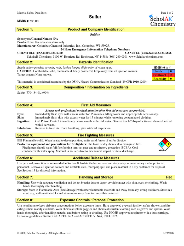 Msds Sulfur | PDF | Firefighter | Dangerous Goods