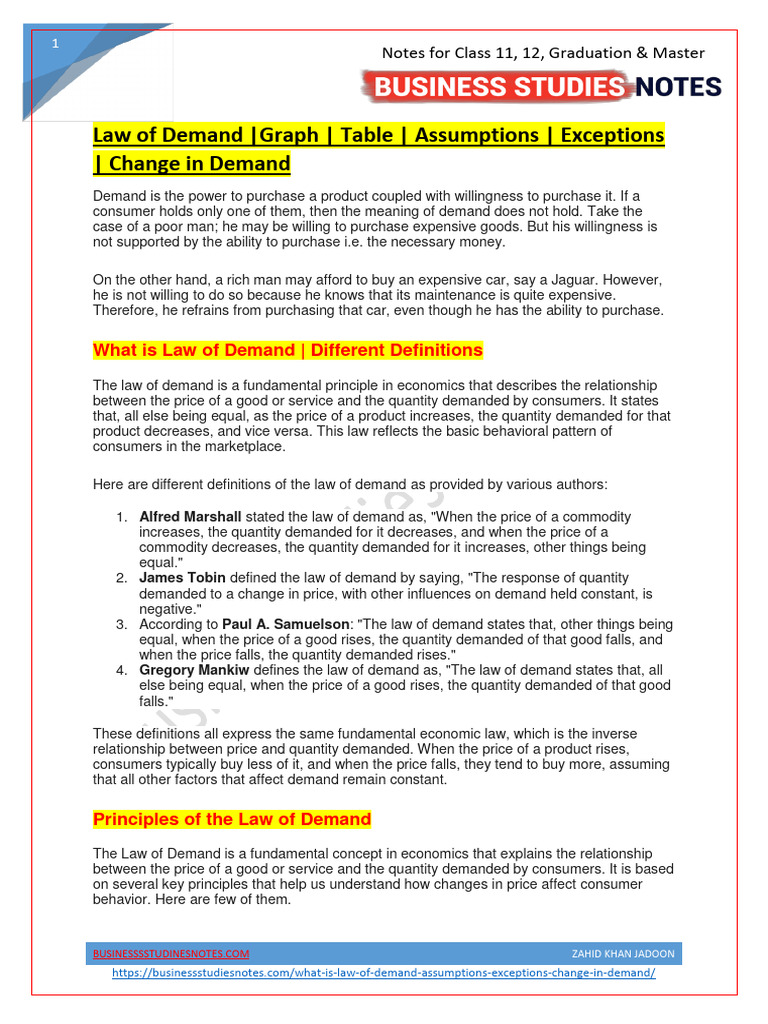 Law of Demand Graph Table Assumptions Exceptions Change in Demand | PDF ...