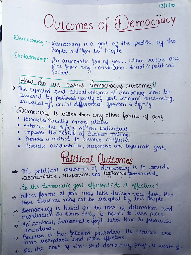 Outcomes of Democracy Notes | PDF
