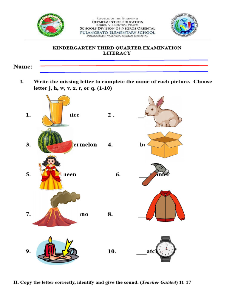 Kindergarten 3rd Quarter Exam 2023 | PDF