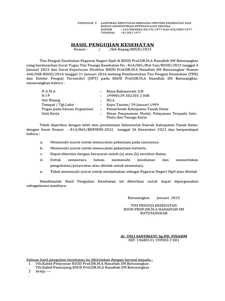 Hasil Pengujian Kesehatan Rima Rahmawati | PDF