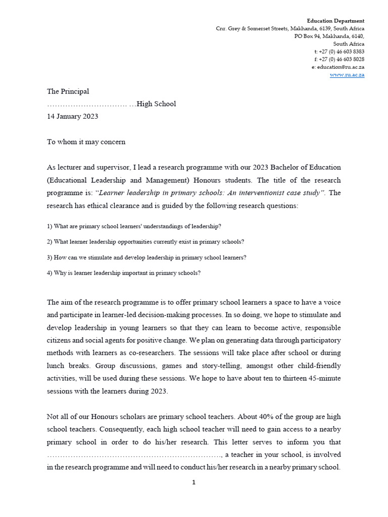 Honours Research Project Letter For High School Principals | PDF ...