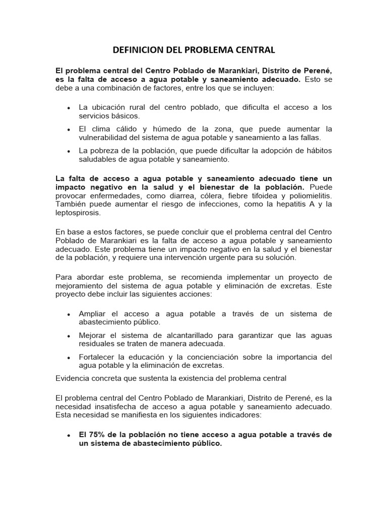 Definicion Del Problema Central | PDF | Saneamiento | Alcantarillado