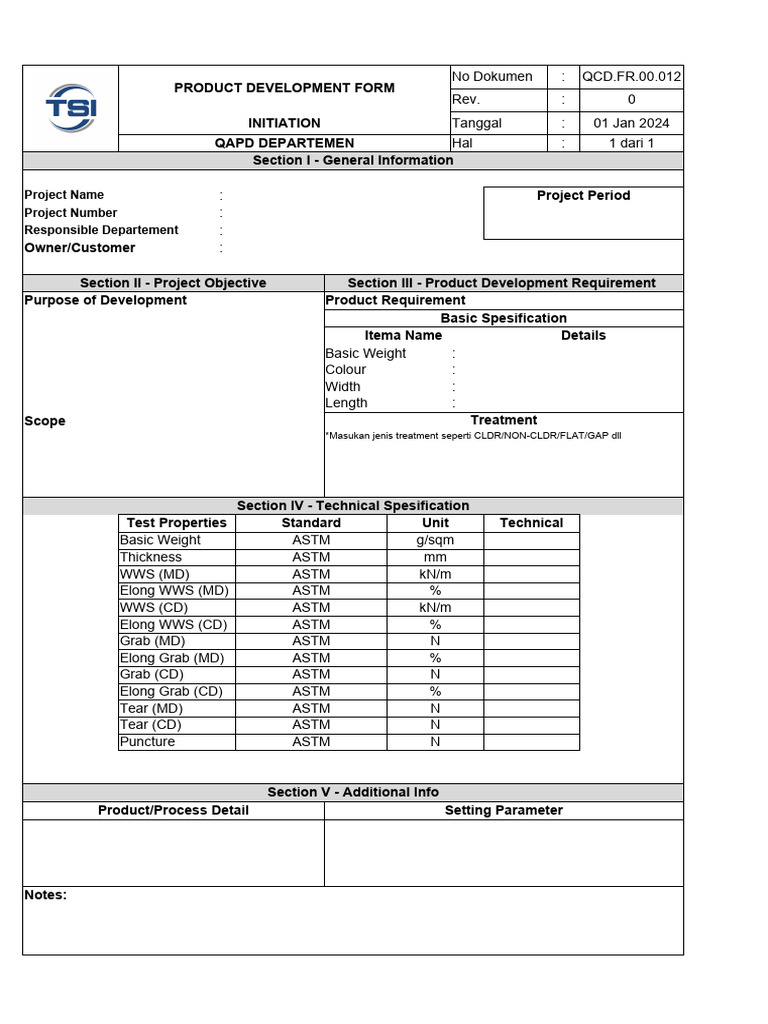 Form Product Development - Initiation - QCD - FR.00.012 | PDF