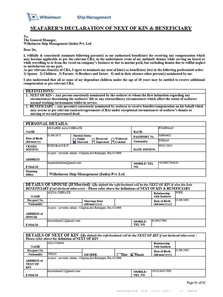 Nok-Seafarers Declaration of Next of Kin Beneficiary | PDF | Marriage ...