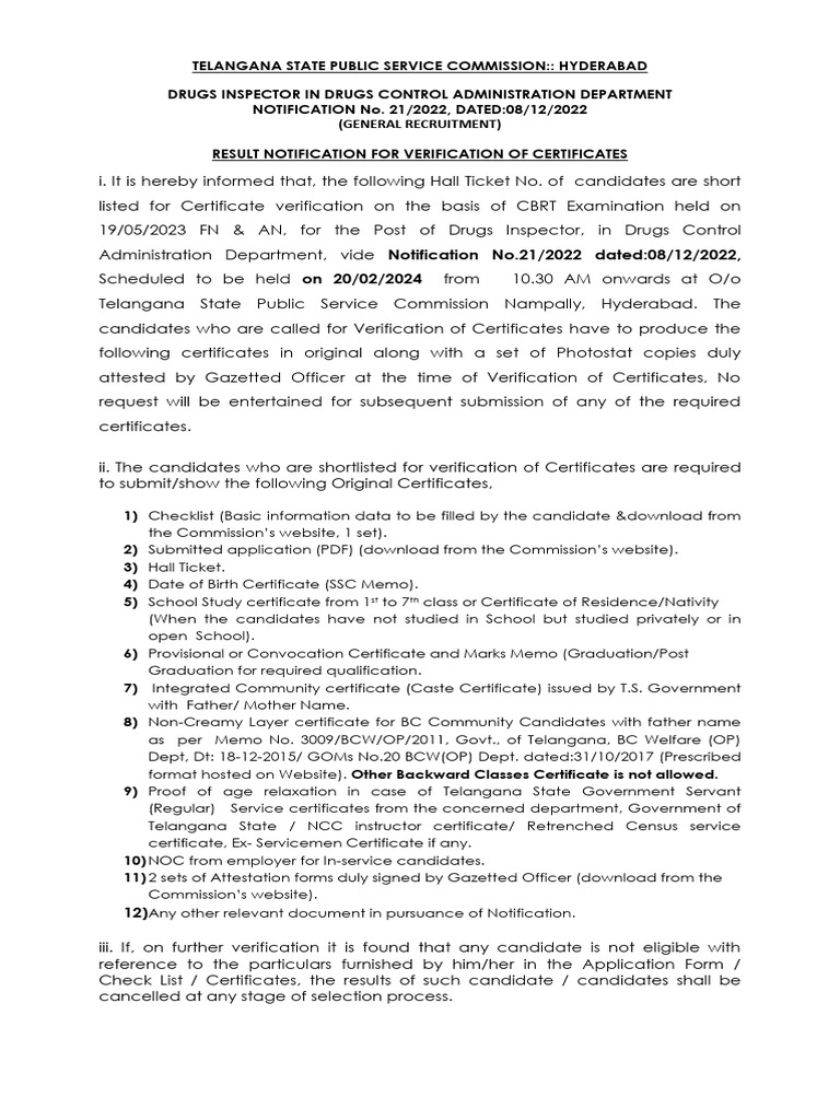 Telangana Drugs Inspector Certificate Verification | PDF | Government