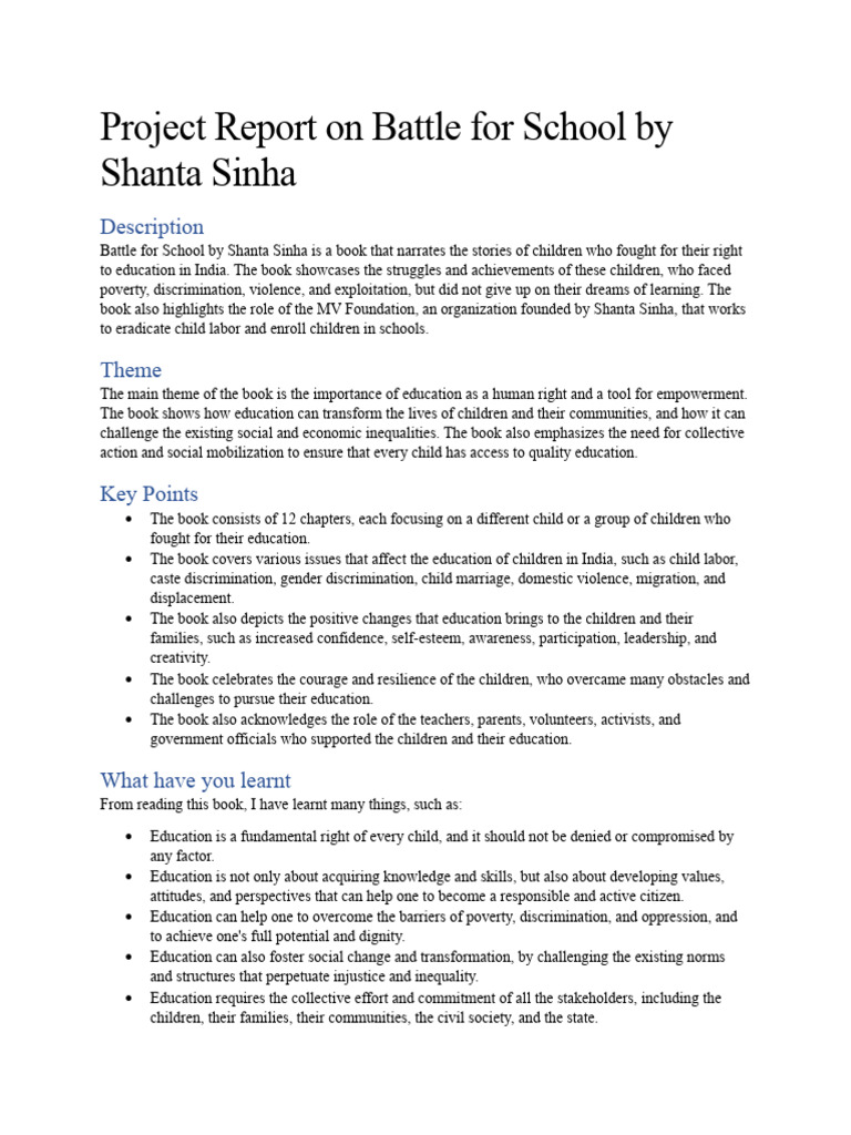 Project Report On Battle For School by Shanta Sinha | Download Free PDF | Justice | Crime & Violence