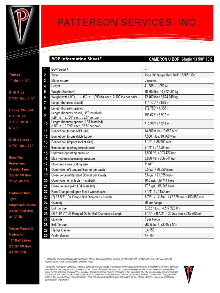 Cameron U BOP Specifications Sheet | PDF | Plumbing | Gas Technologies