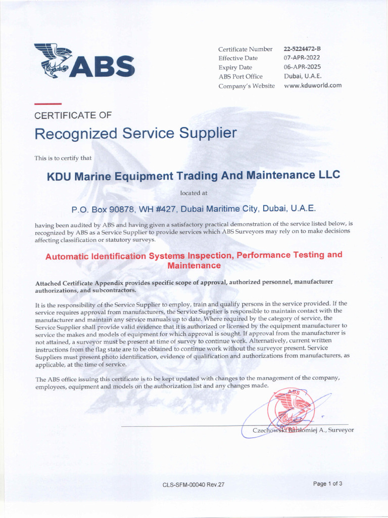 ABS Automatic Identification System Inspection, PErformance Testing and ...