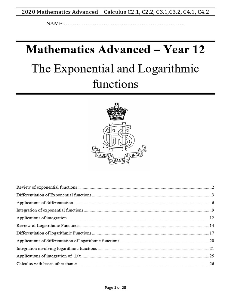 3 - 2020 Mathematics Advanced Y12 Booklet - Exp and Log Functions | PDF