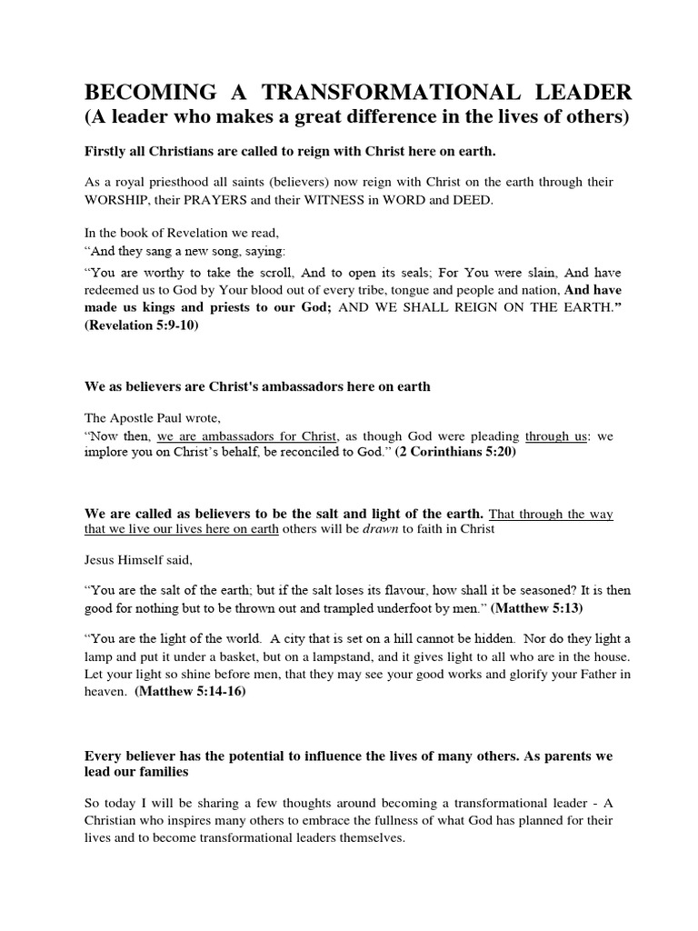 BECOMING A TRANSFORMATIONAL LEADER Final Version | PDF | Jesus | John ...