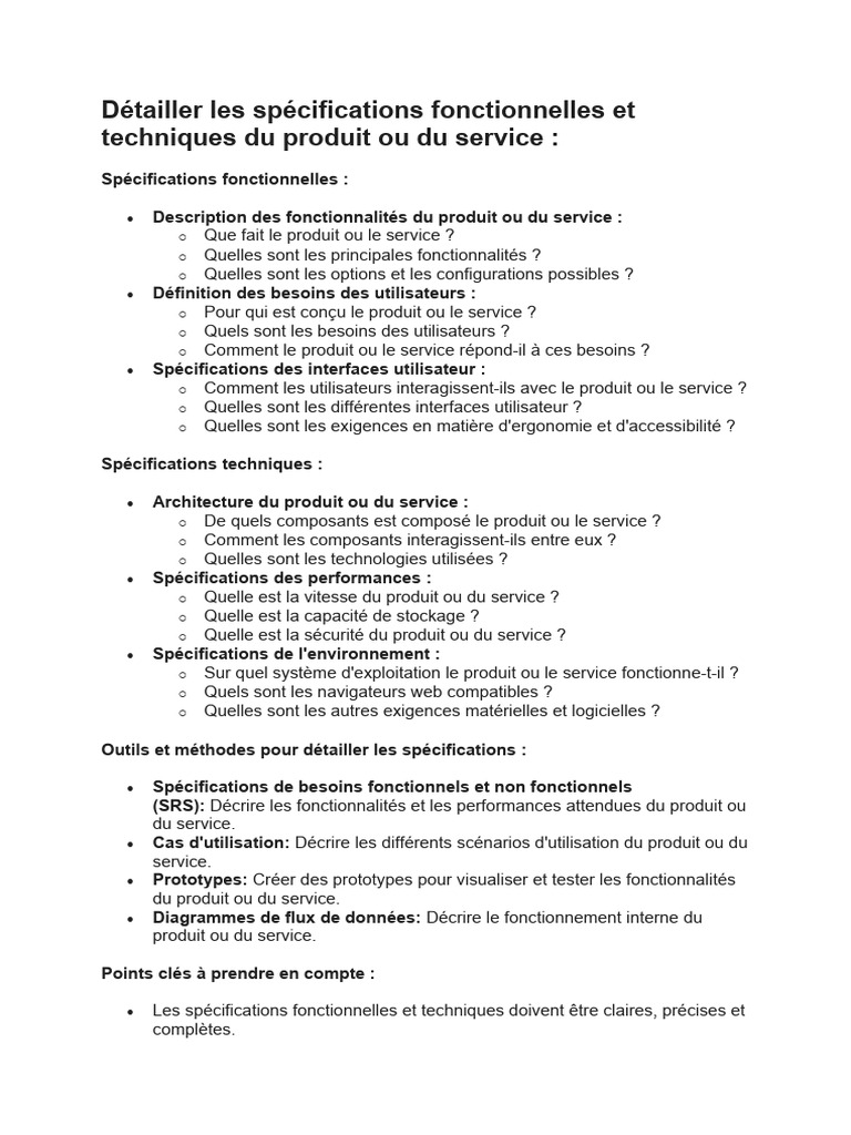 Détailler Les Spécifications Fonctionnelles Et Techniques Du Produit Ou ...