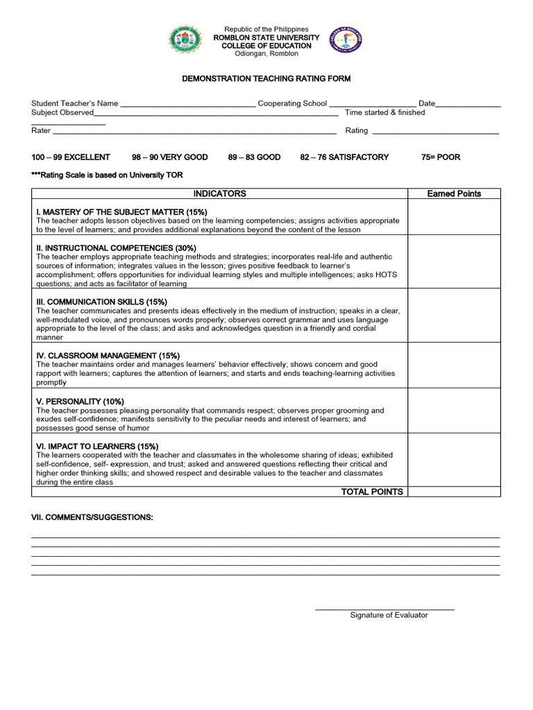 Demonstration Teaching Rating Form | PDF | Teachers | Learning