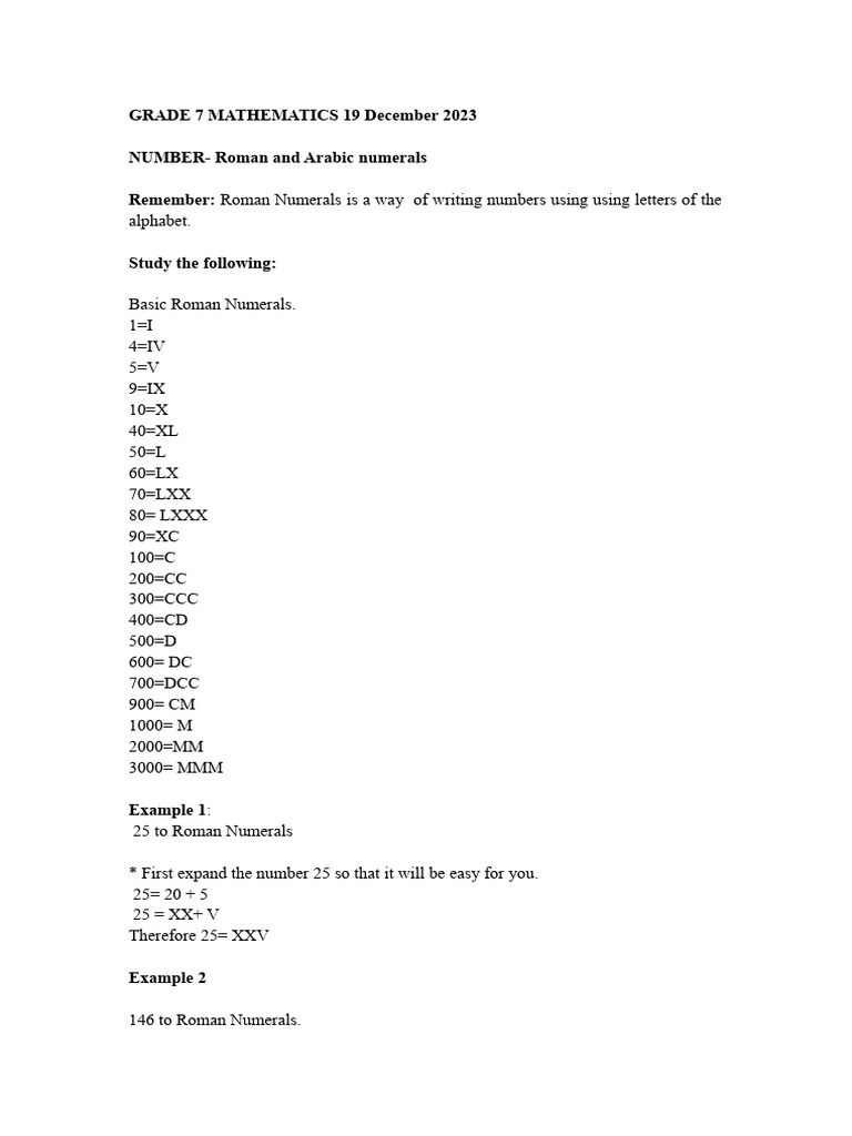 Understanding Roman Numerals for Grade 7 | PDF