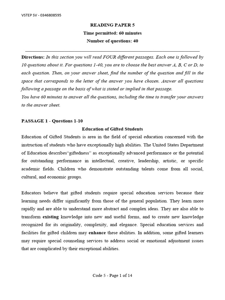 Reading 5 - Vstep SV PDF | PDF | Gifted Education | Intellectual Giftedness