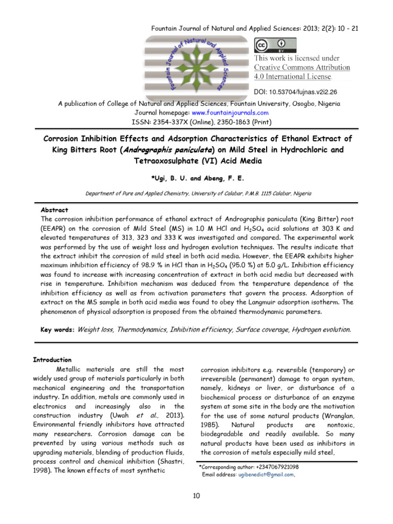 Corrosion Inhibition Effects and Adsorption Characteristics of Ethanol Extract of King Bitters ...