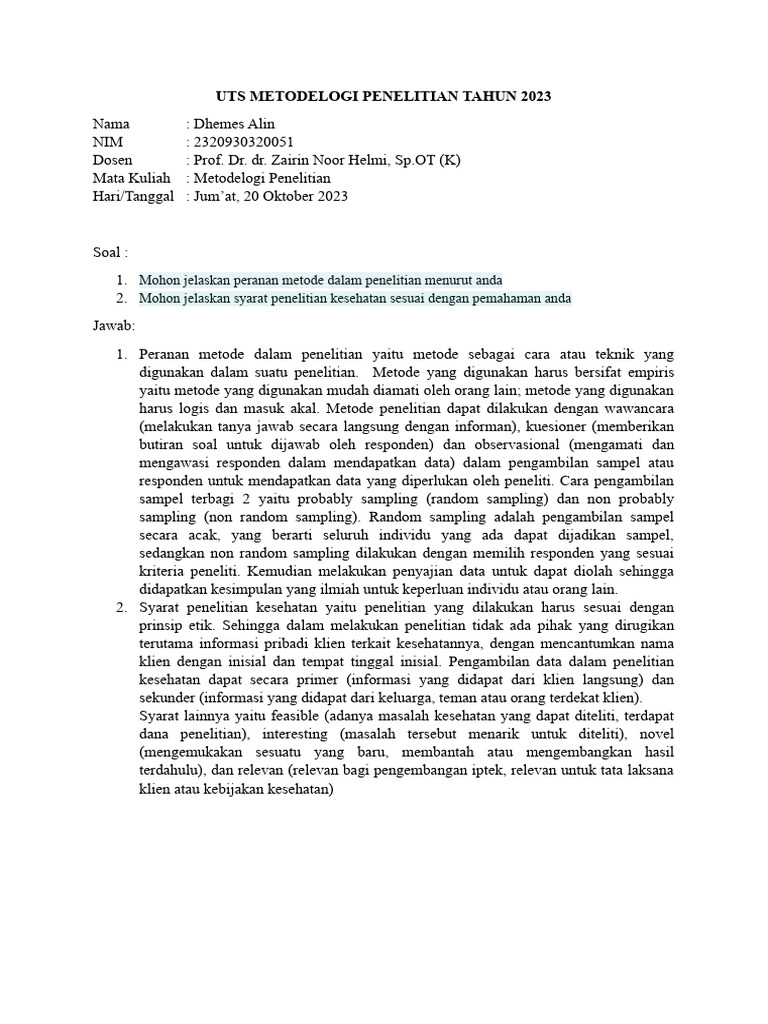 Uts Metodelogi Penelitian Tahun 2023 - Prof. Dr. Dr. Zairin Noor Helmi, SP - Ot (K) | PDF