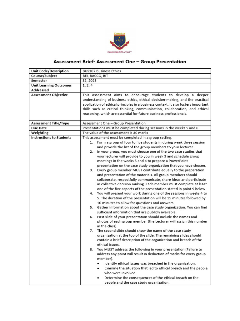 Assessment One Brief | PDF | Vocabulary | Integrity