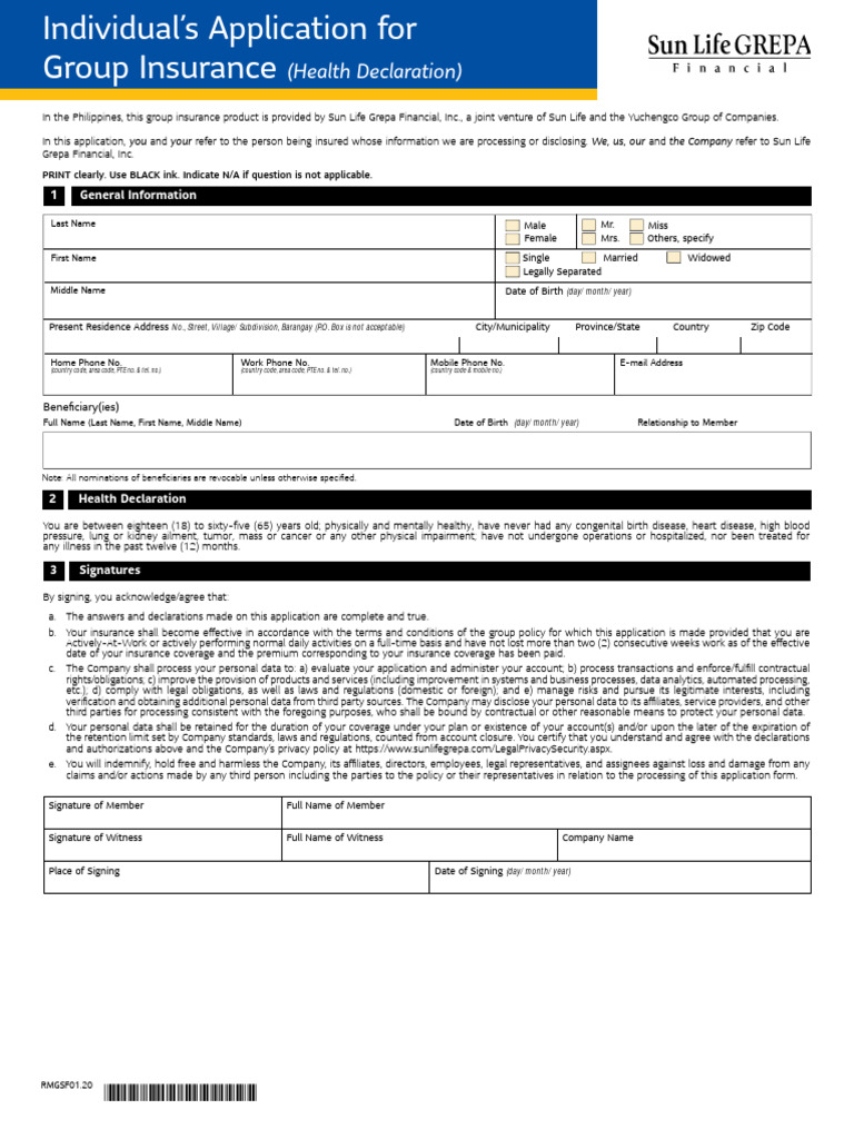 Group Insurance Health Declaration Form | PDF | Insurance