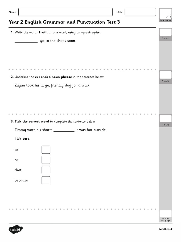 Year 2 Grammar and Punctuation Test 3 | PDF