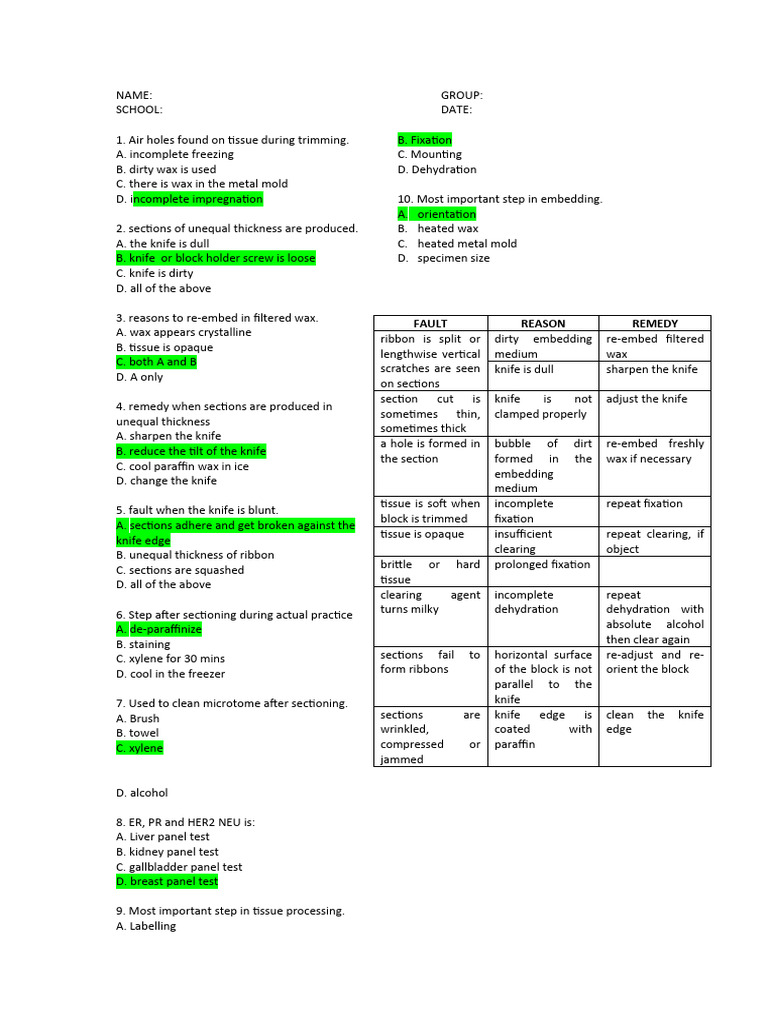 Quiz in Histo Answer Key | PDF | Histology