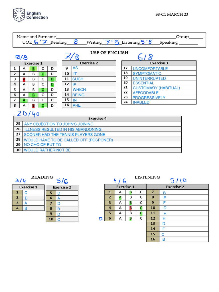 Answer Sheet. C1 Exam | PDF