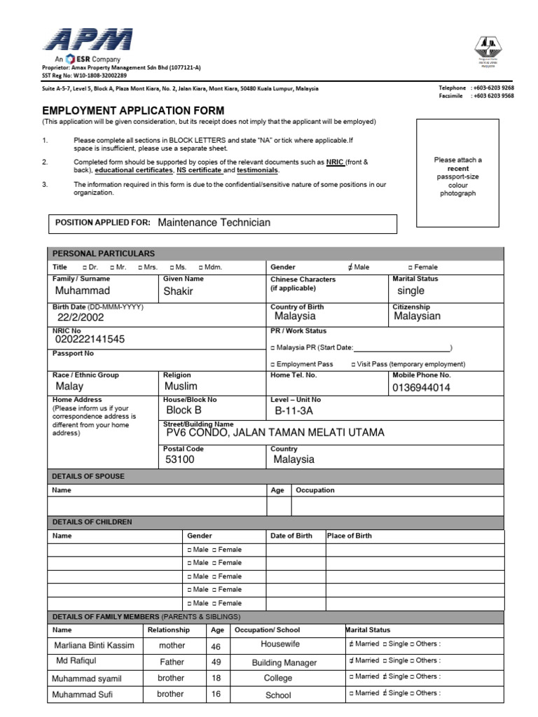 APM-Employment Application Form (Done) | PDF | Family | Social Institutions