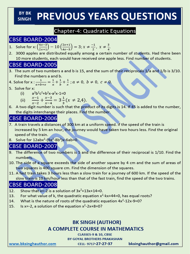 Class 10 Quadratic Equations Guide | PDF | Quadratic Equation | Speed