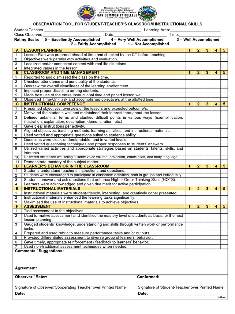 PT Classroom Instruction Evaluation Form | PDF | Educational Assessment ...