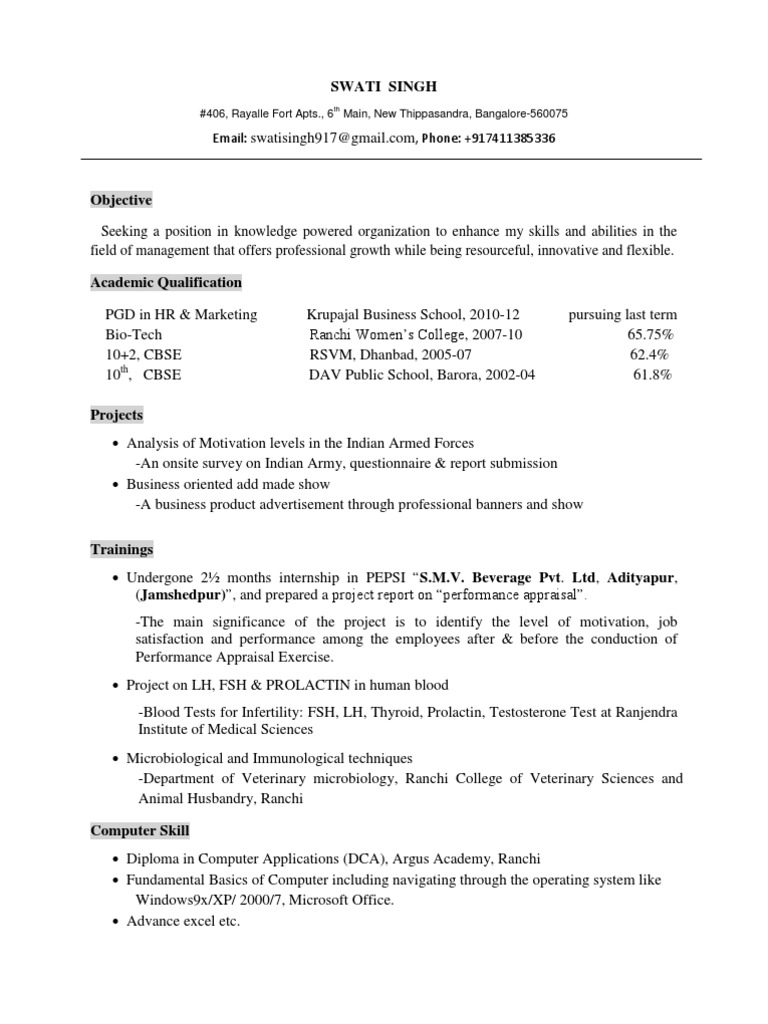 Swati CV | PDF | Performance Appraisal | Motivation