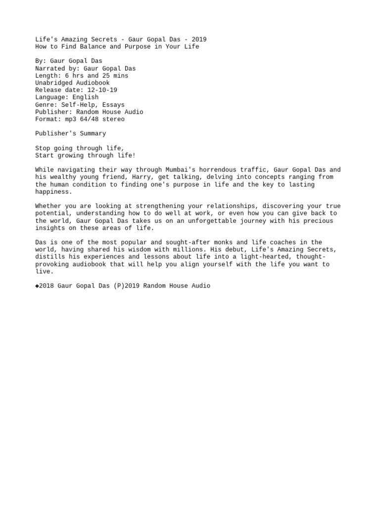 Life's Amazing Secrets - Gaur Gopal Das - 2019 | PDF