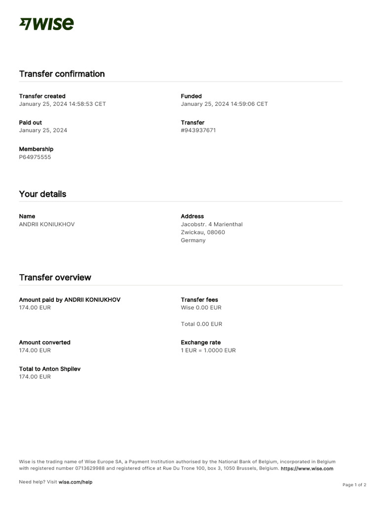 Wise Transaction Invoice Transfer 943937671 2371108284 en | PDF