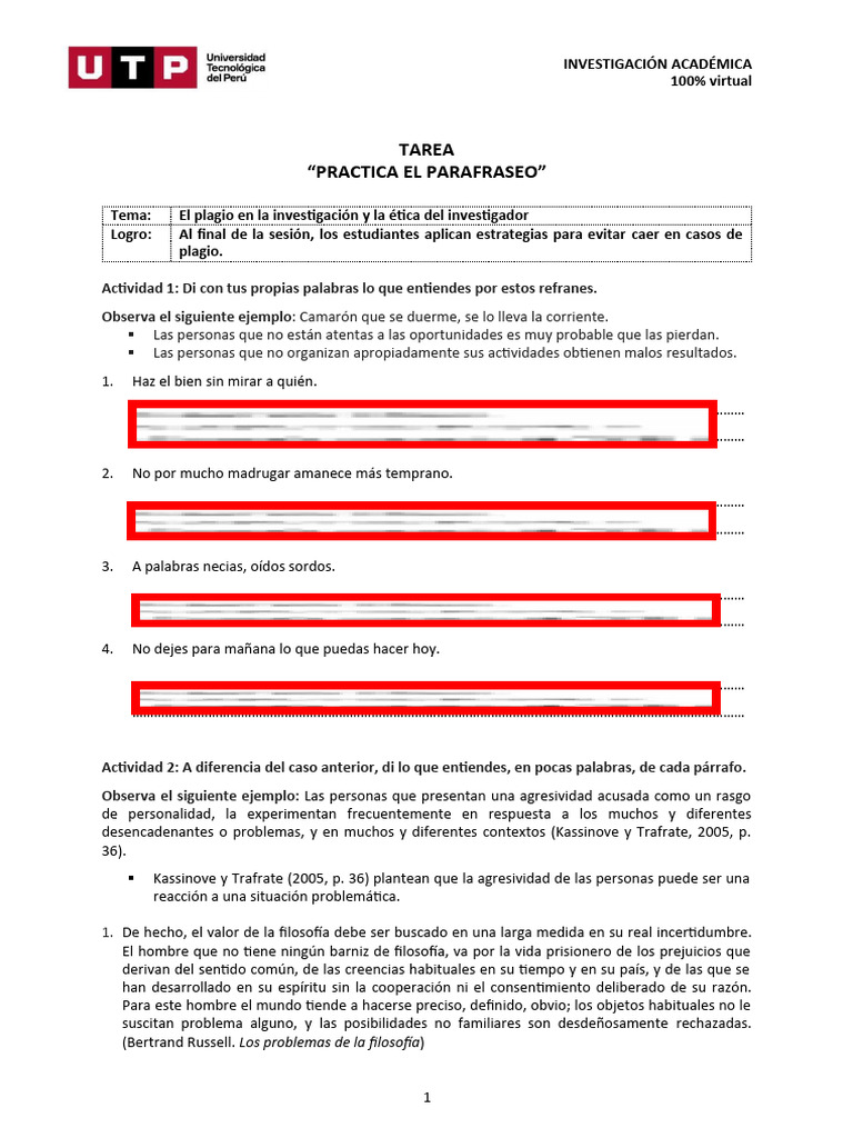 Semana 01 - Documentos - Practica El Parafraseo - Terminado | PDF | Plagio