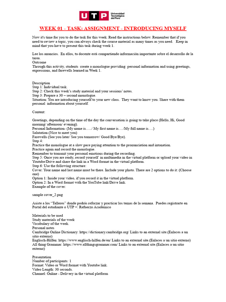 Week 01 Task Assignment Introducing Myself Con Pronunciacion 2024 Download Free Pdf 