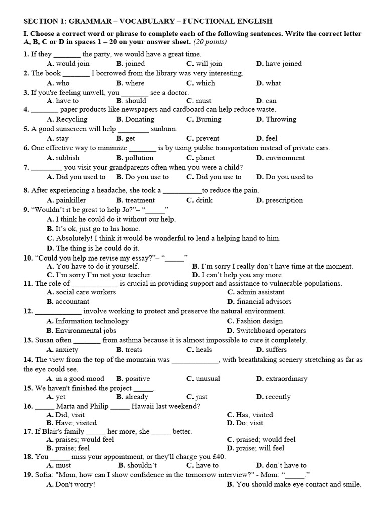 Grammar and Vocabulary Practice Test | PDF