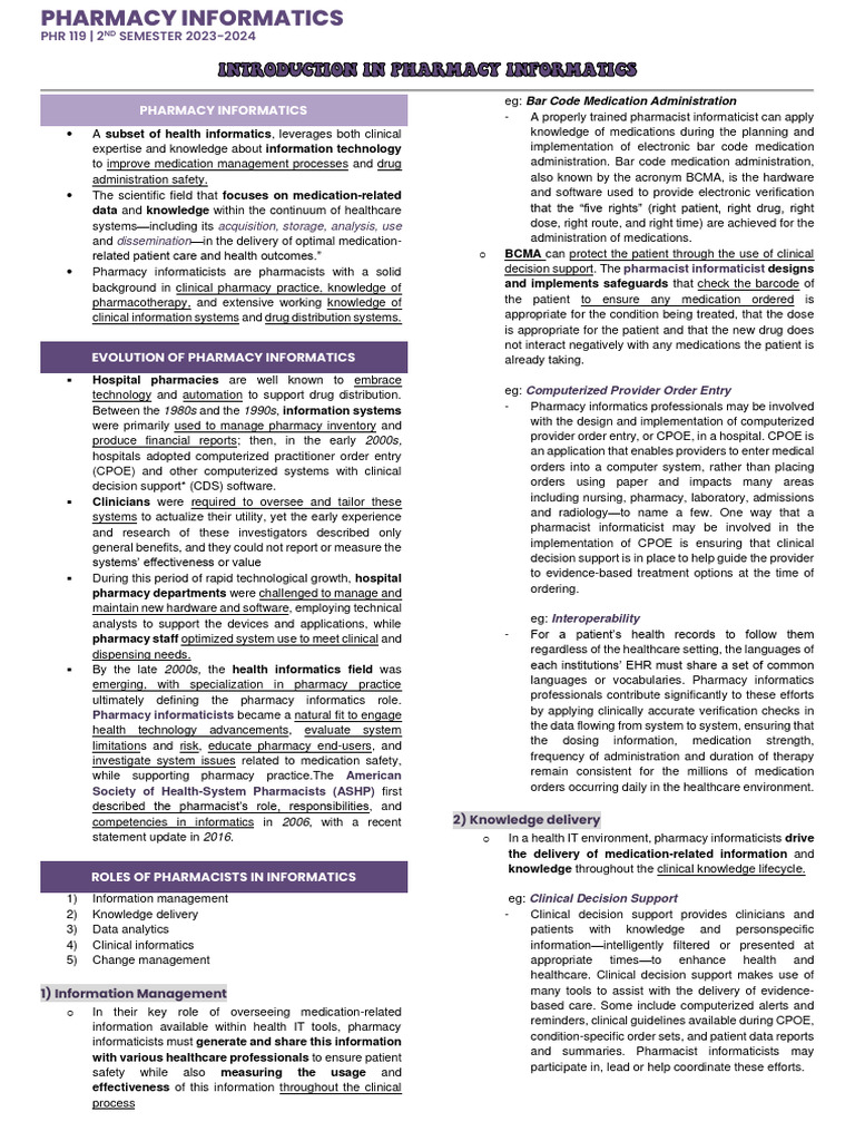 Introduction in Pharmacy Informatics | PDF | Pharmacy | Health Informatics