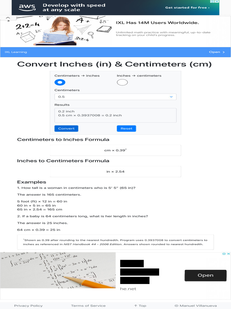 Convert Inches (In) & Centimeters (CM) | PDF