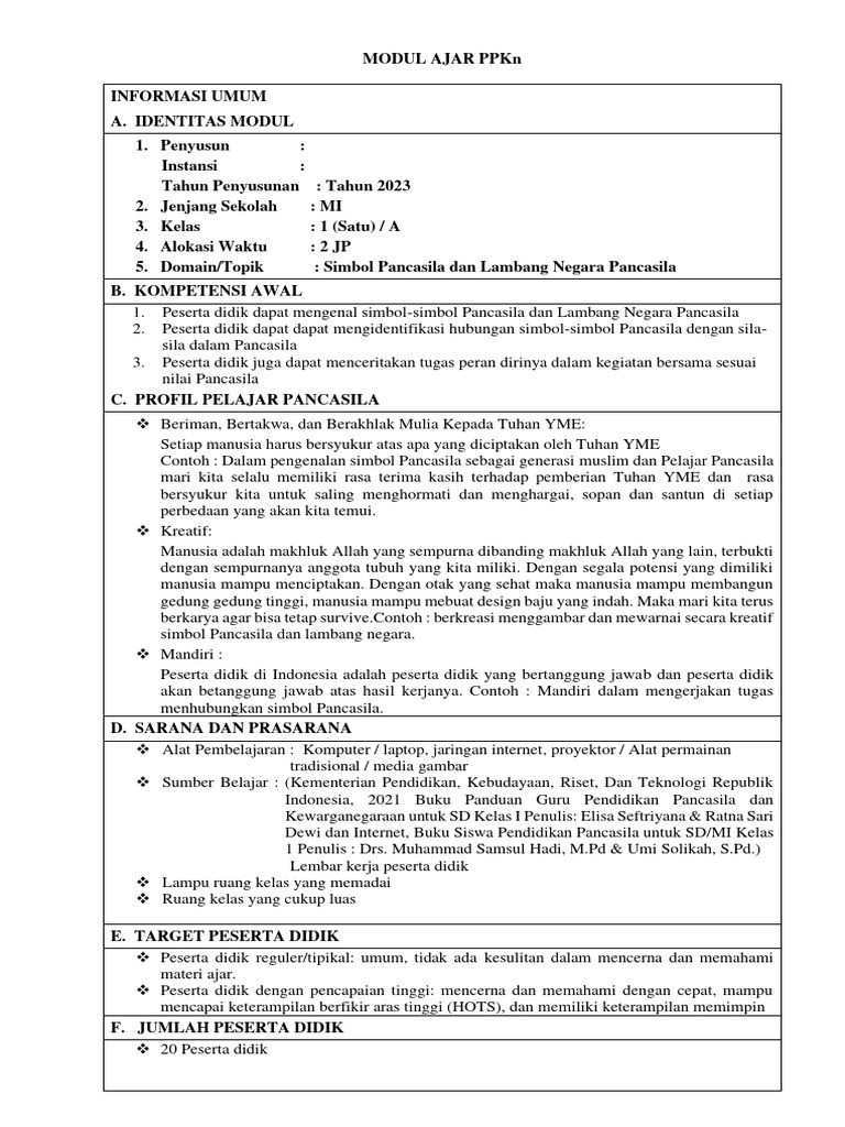 Modul Ajar Simbol Pancasila Kelas 1 | PDF