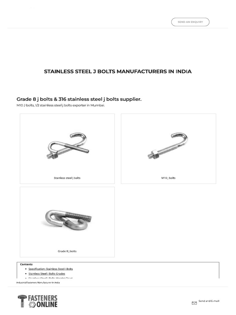 Stainless Steel J Bolts - Grade 8, 316 & M10 J Bolts Manufacturers | PDF