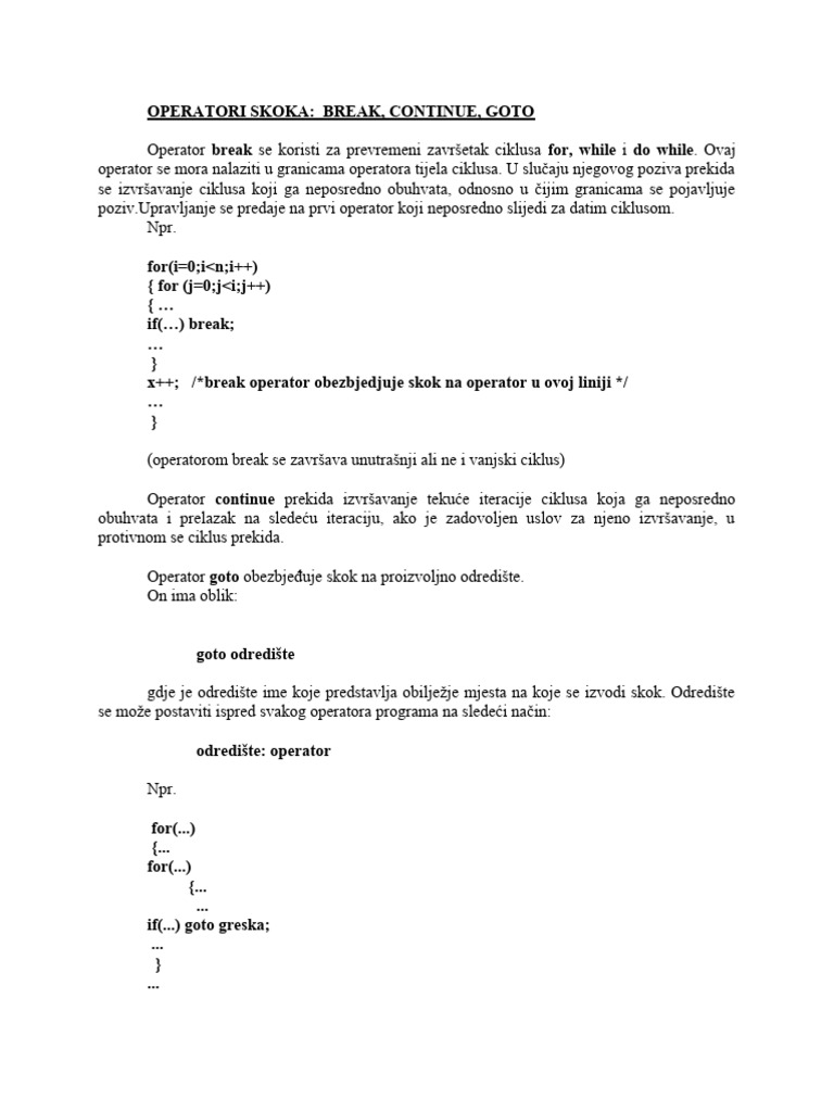 25 Operatori Skoka - Break, Continue, Goto | PDF