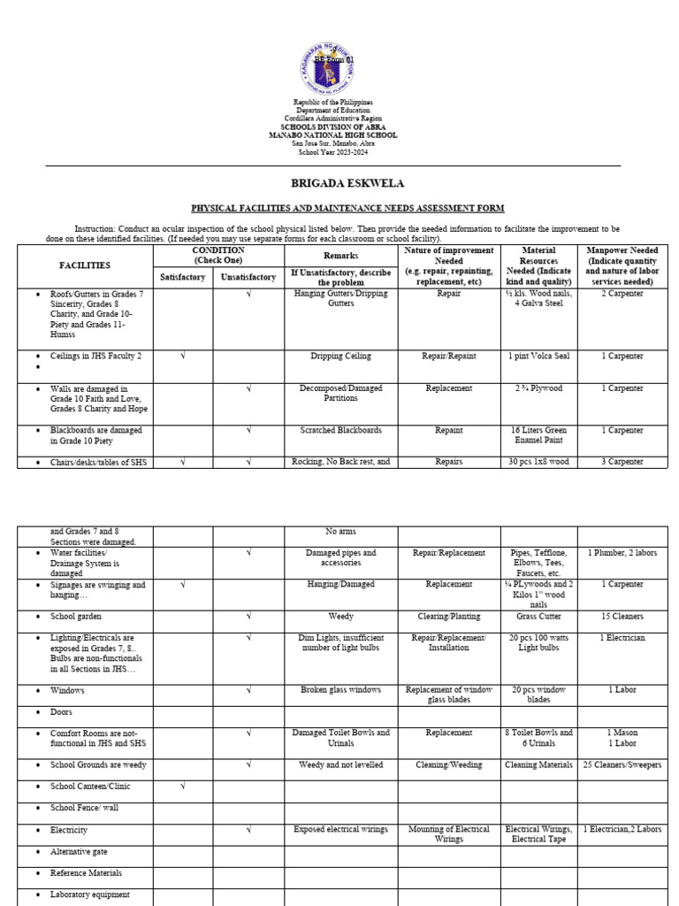 BE Form 1 PHYSICAL FACILITIES AND MAINTENANCE NEEDS ASSESSMENT FORM ...