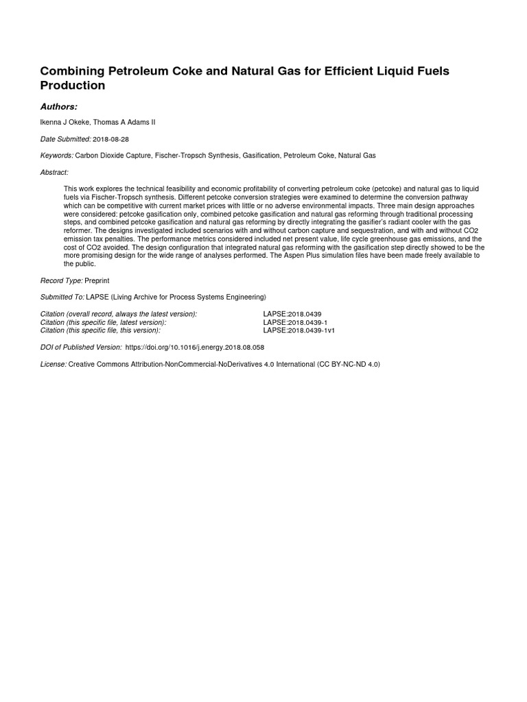 Fuels From Petcoke and Natural Gas - 2019 Okeke (Good) | PDF
