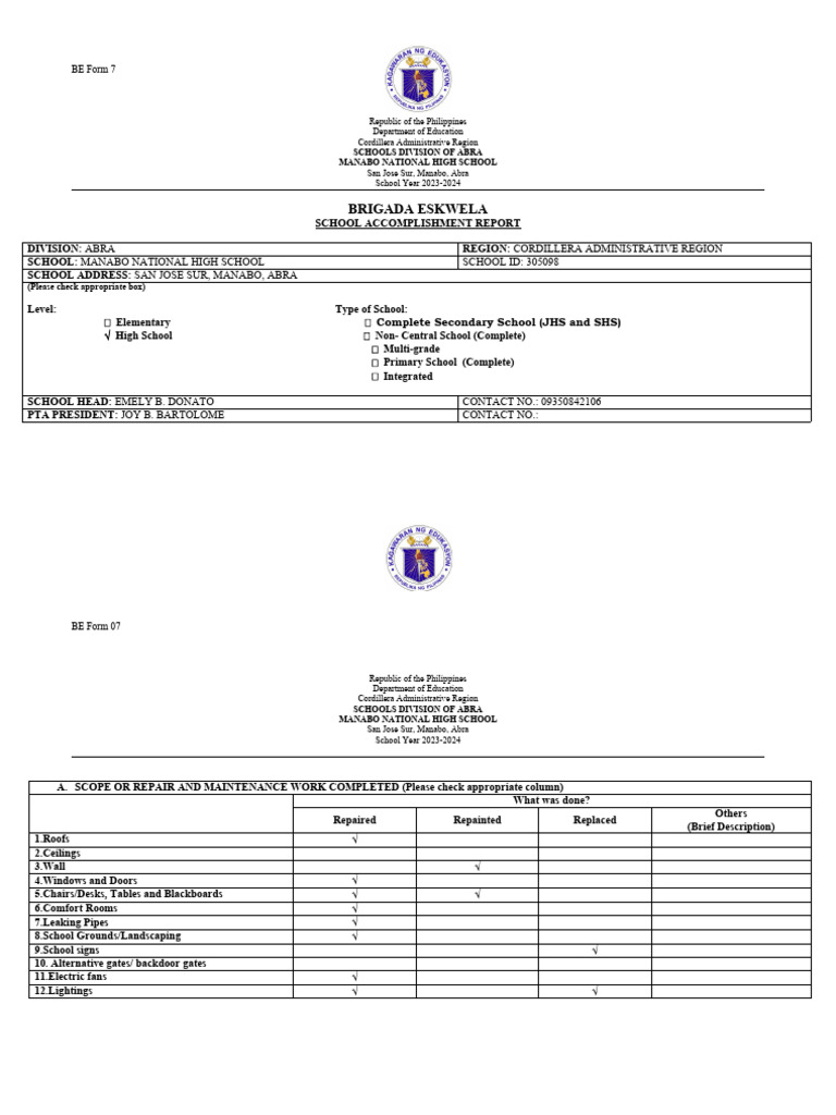 BE Form 7 SCHOOL ACCOMPLISHMENT REPORT | PDF