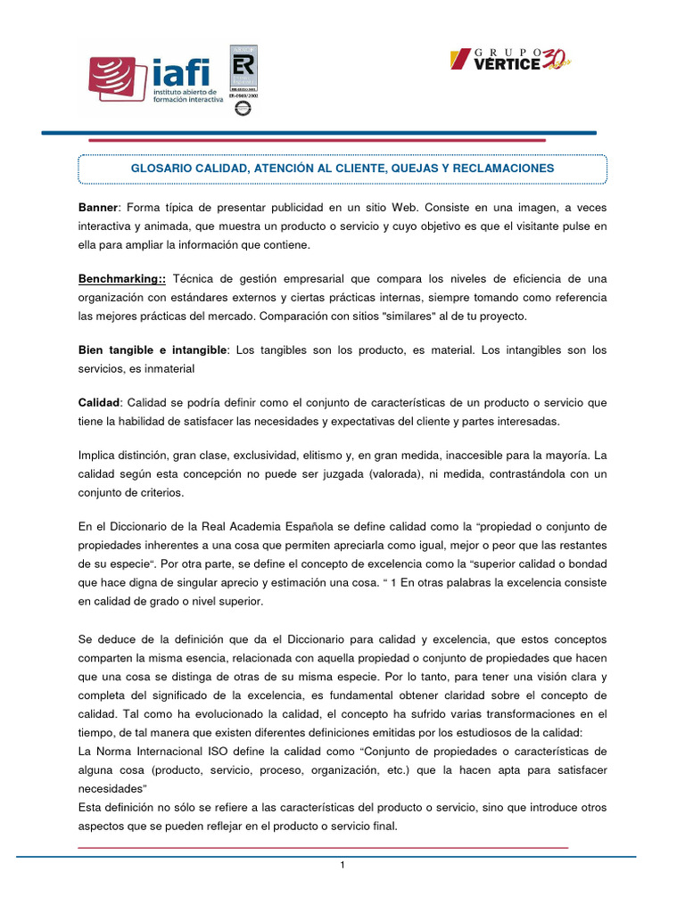 Glosario Calidad, Atención Al Cliente, Quejas y Reclamaciones, Gestión de La Calidad | PDF ...